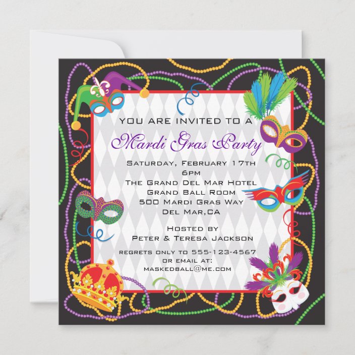 Mardi Gras Party Invitation with Masks and Beads | Zazzle.com