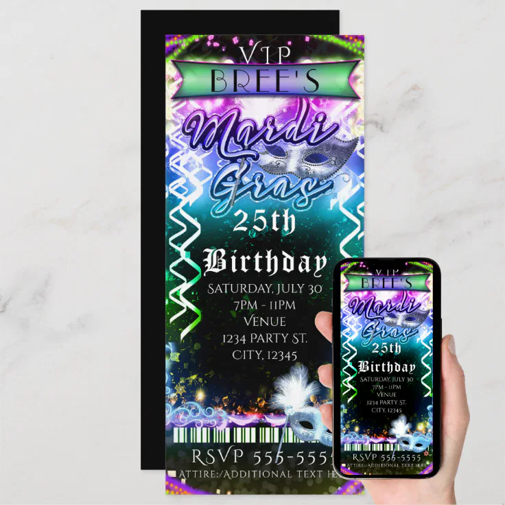 Mardi Gras Rainbow Glow VIP Birthday Party Ticket Invitation | Zazzle