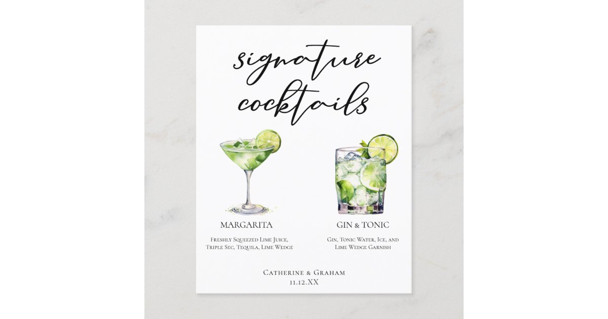 Margarita Gin & Tonic Signature Cocktails Menu | Zazzle