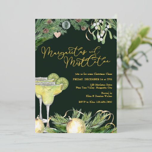 Margaritas and Mistletoe Cocktail Party Gold Foil Invitation | Zazzle