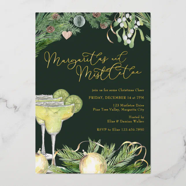 Margaritas and Mistletoe Cocktail Party Gold Foil Invitation | Zazzle