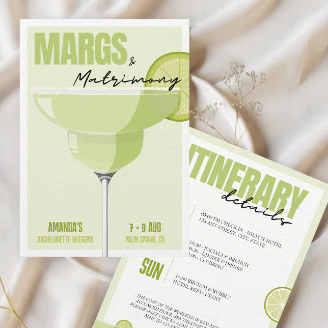 Margs & Matrimony Bachelorette Weekend itinerary Invitation | Zazzle