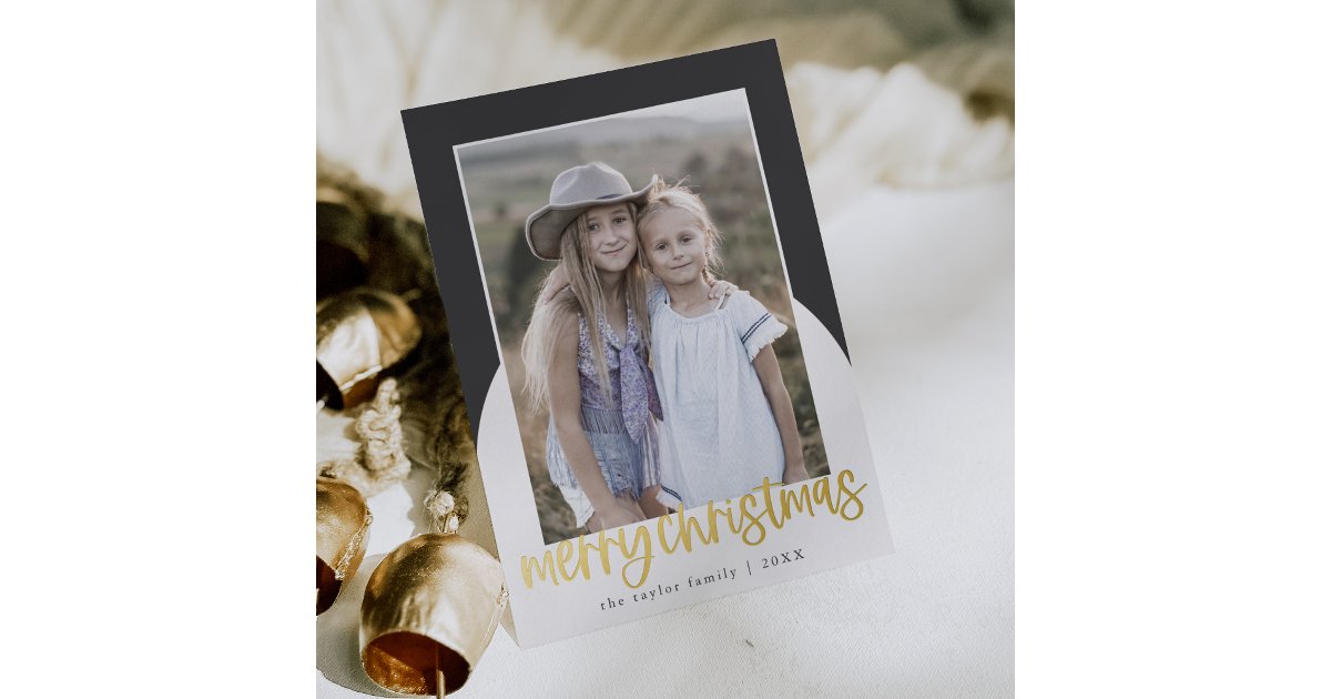 MARIAH Gray Foil Arch Fun Family Photo Christmas Holiday Card | Zazzle