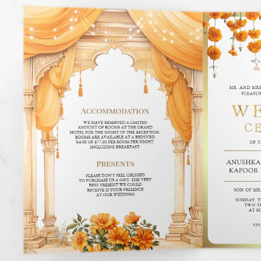 Marigold Floral South Indian Mandap Hindu Wedding Tri-Fold Invitation ...