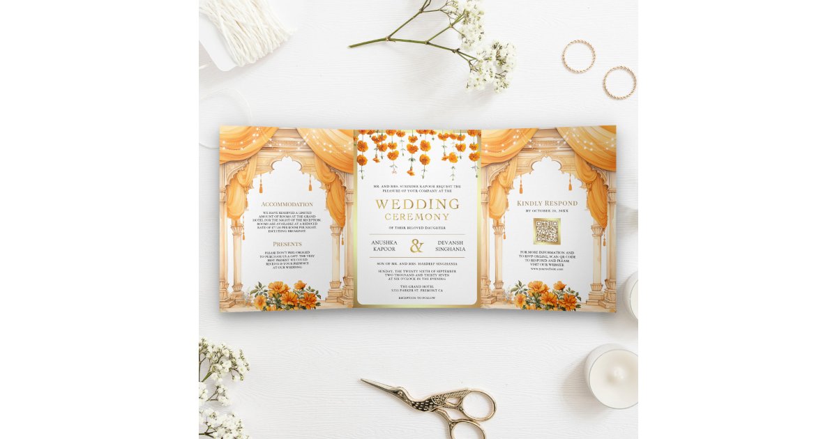 Marigold Floral South Indian Mandap Hindu Wedding Tri-Fold Invitation ...