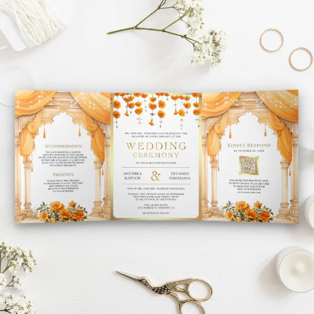 Marigold Floral South Indian Mandap Hindu Wedding Tri-Fold Invitation ...