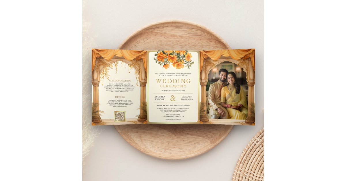 Marigold Floral Yellow South Indian Mandap Wedding Tri-Fold Invitation ...