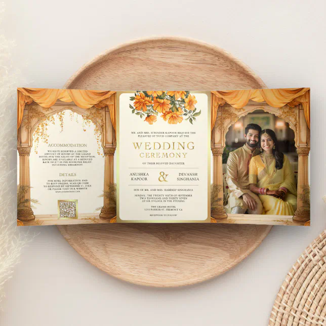 Marigold Floral Yellow South Indian Mandap Wedding Tri-Fold Invitation ...