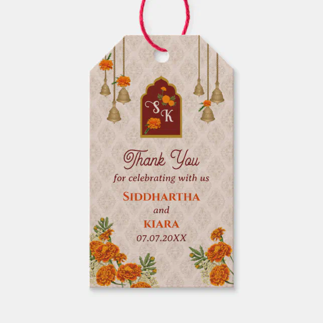 Marigolds bells Indian wedding thank you Gift tag | Zazzle