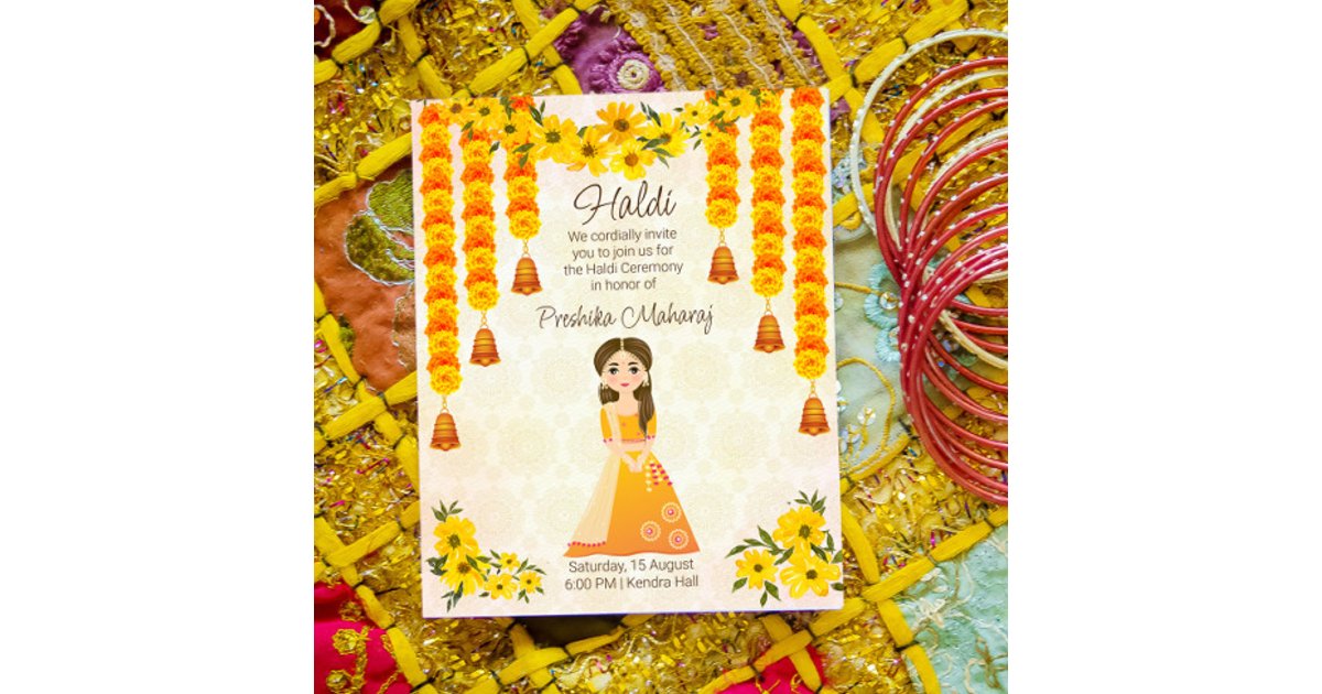 Marigolds cute Indian girl Haldi budget invitation | Zazzle