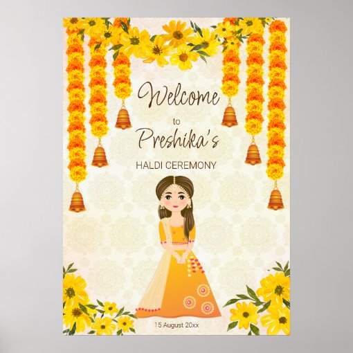 Marigolds cute Indian girl Haldi custom welcome Poster | Zazzle