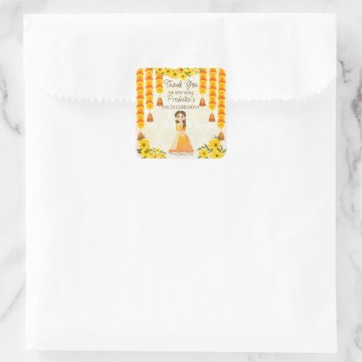 Marigolds cute Indian girl Haldi personalized Square Sticker | Zazzle