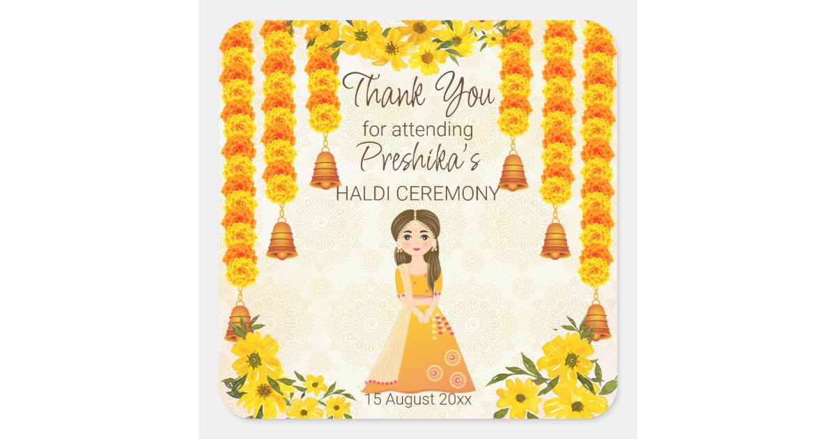 Marigolds cute Indian girl Haldi personalized Square Sticker | Zazzle