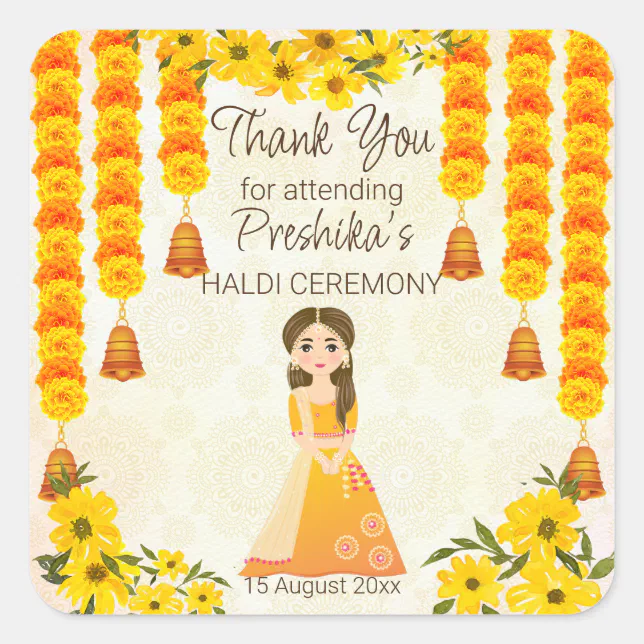 Marigolds cute Indian girl Haldi personalized Square Sticker | Zazzle