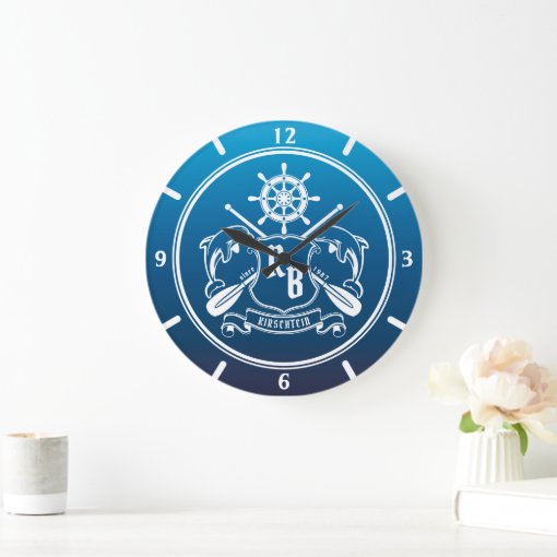 Marine Insignia Dolphins Helm Oars Shield Nautical Large Clock | Zazzle
