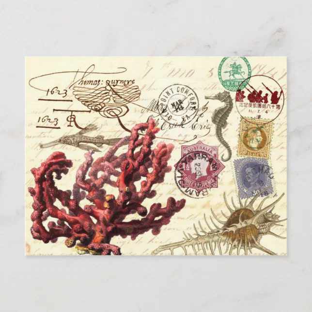 Marine Life Collage with Postmarks and Stamps Postcard | Zazzle