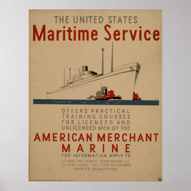 Maritime Service Large Ship With Tugboats WPA Poster | Zazzle