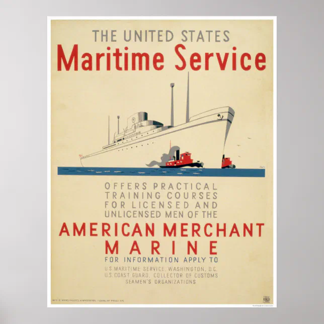 Maritime Service - Large Ship with Tugboats - WPA Poster | Zazzle