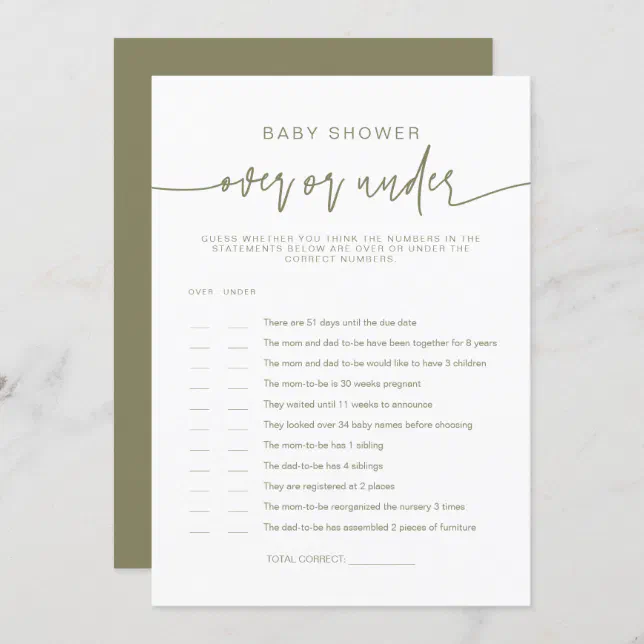 MARLO Olive Green Over Under Baby Shower Game Invitation | Zazzle