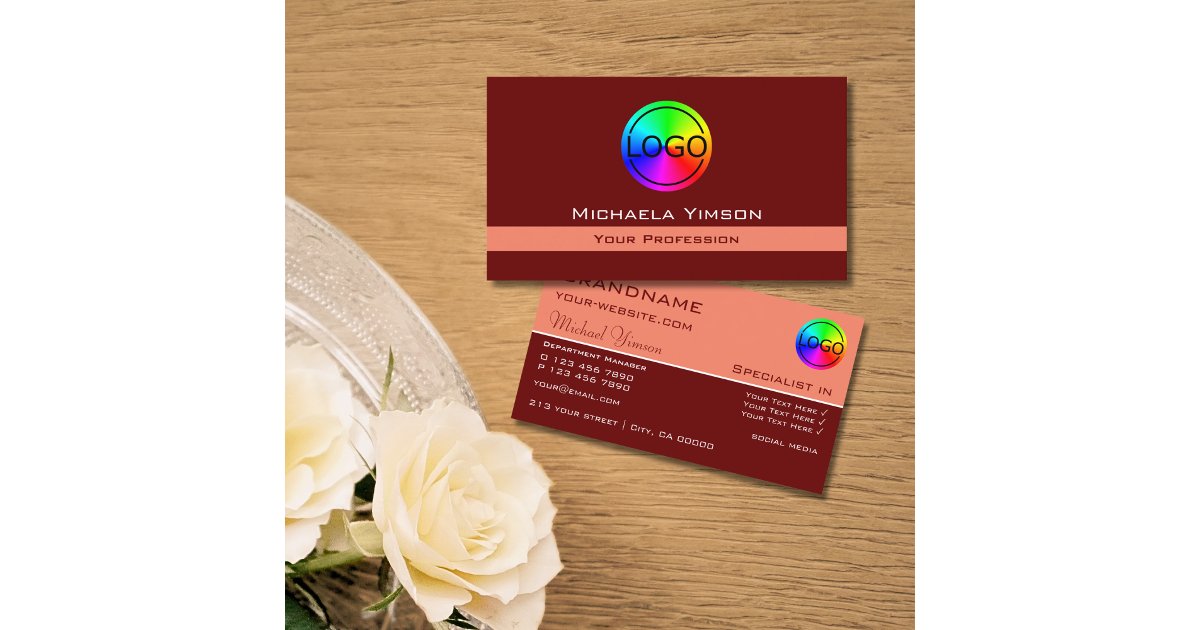 Maroon and Coral Classic with Logo Professional Business Card | Zazzle
