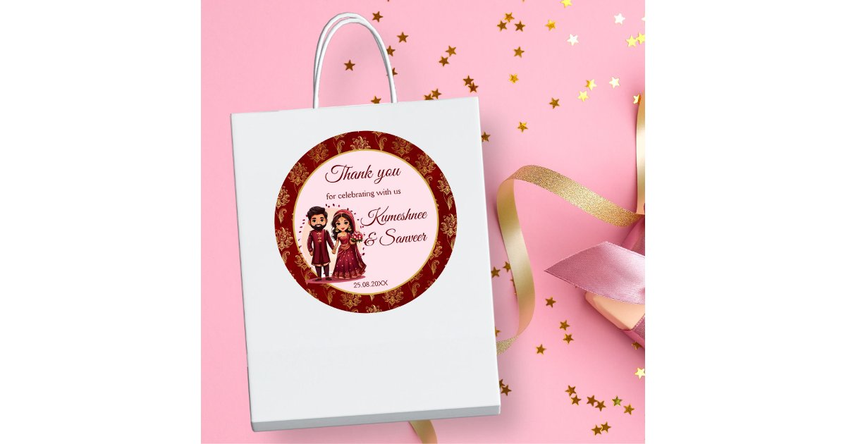 Maroon and gold cute Indian bridal couple favor Classic Round Sticker ...
