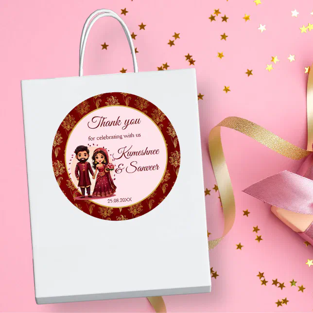 Maroon and gold cute Indian bridal couple favor Classic Round Sticker ...
