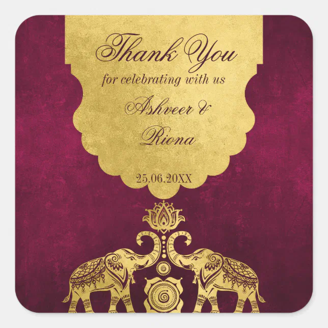 Maroon and gold elephants Indian wedding thank you Square Sticker | Zazzle