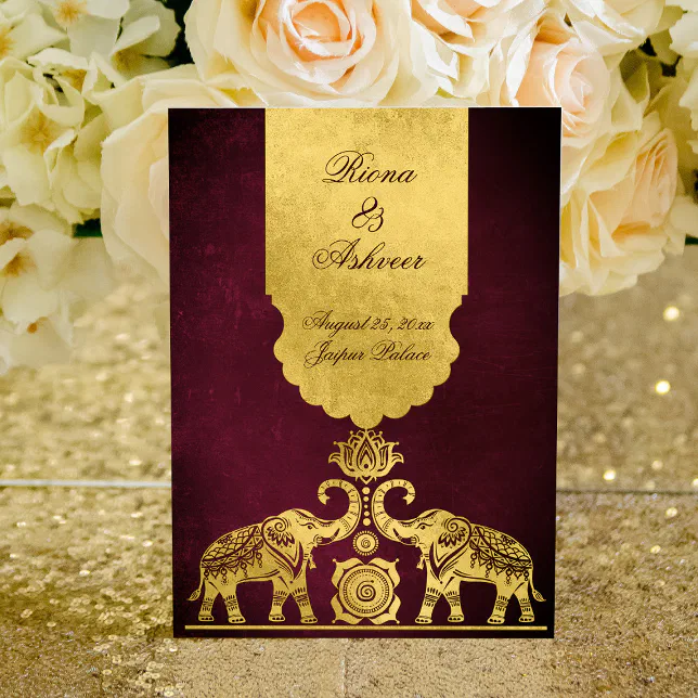 Maroon and gold elephants luxury Indian wedding Invitation | Zazzle