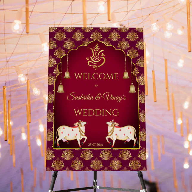 Maroon and gold Gomata wedding welcome sign | Zazzle