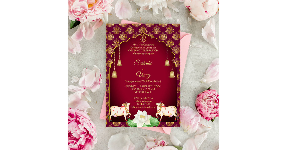 Maroon and gold Gomata white lotus wedding Invitation | Zazzle