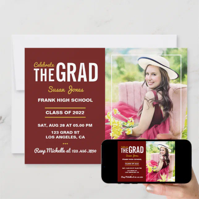 Maroon and Gold Graduation Party Photo Invitation | Zazzle