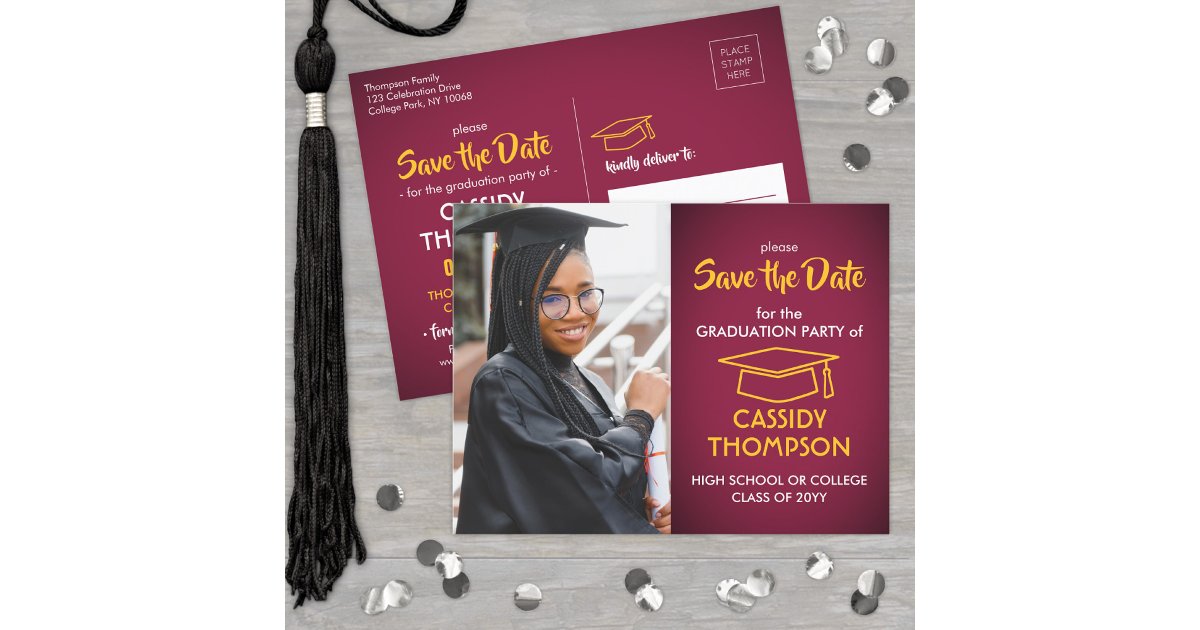Maroon and Gold Graduation Photo Save the Date Postcard | Zazzle