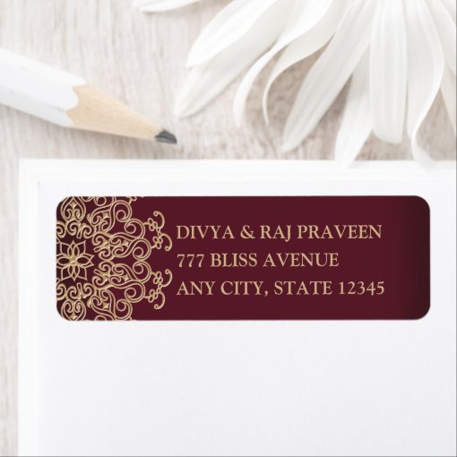 MAROON AND GOLD INDIAN INSPIRED ADDRESS LABELS | Zazzle