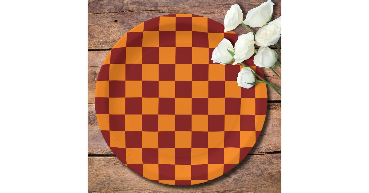Maroon and Orange Checkered Vintage Paper Plates | Zazzle
