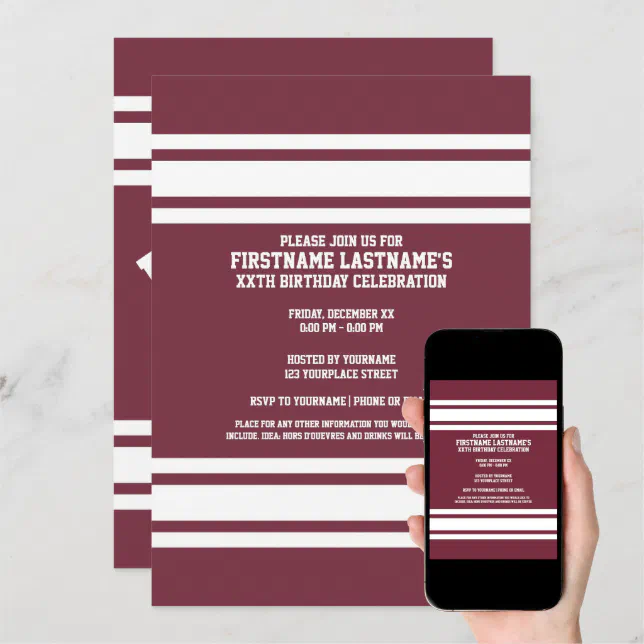 Maroon and White Jersey Stripes Birthday Party Invitation | Zazzle
