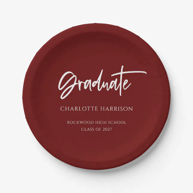 Maroon and White Modern Script Graduation Party Paper Plates | Zazzle