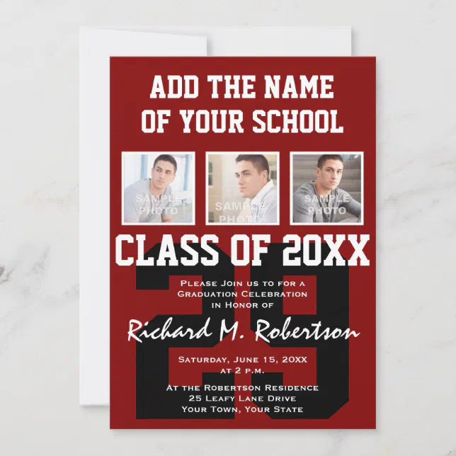 Maroon and White Varsity Team Number Athlete Grad Invitation | Zazzle
