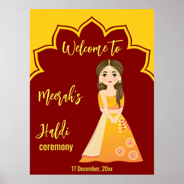 Maroon and yellow border hindu haldi ceremony poster | Zazzle