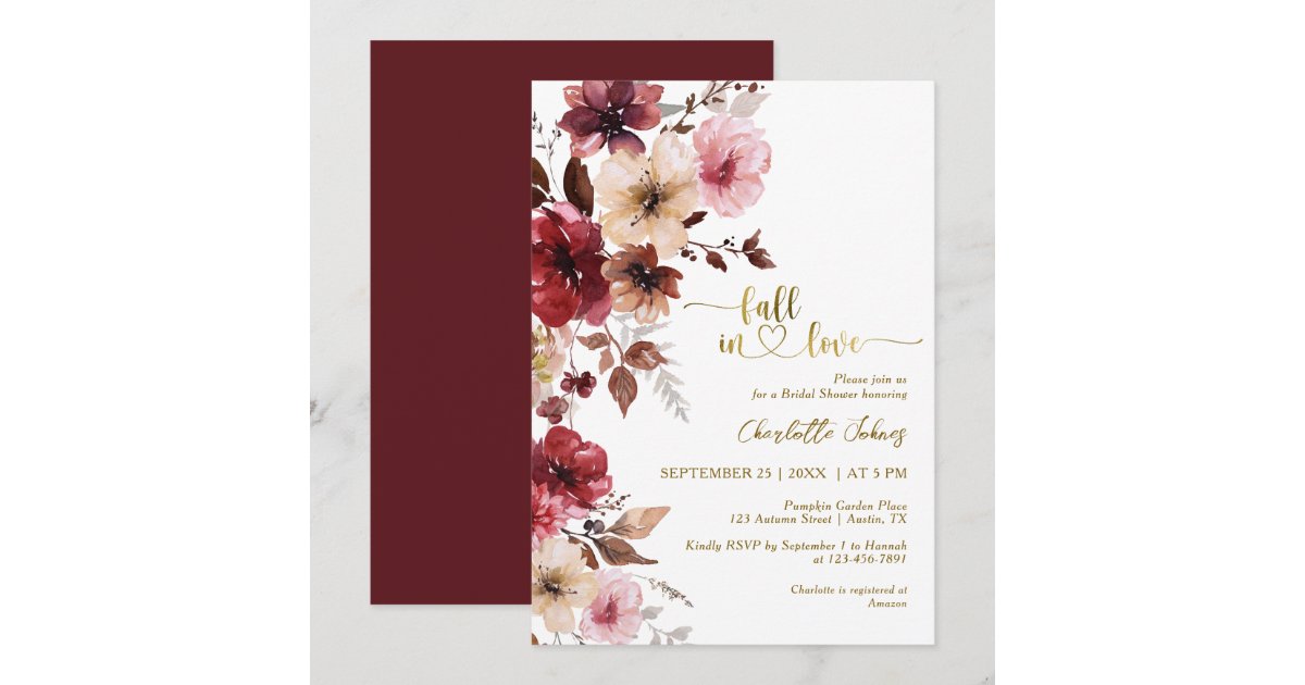Maroon Blush Fall In Love Gold Boho Bridal Shower Invitation | Zazzle