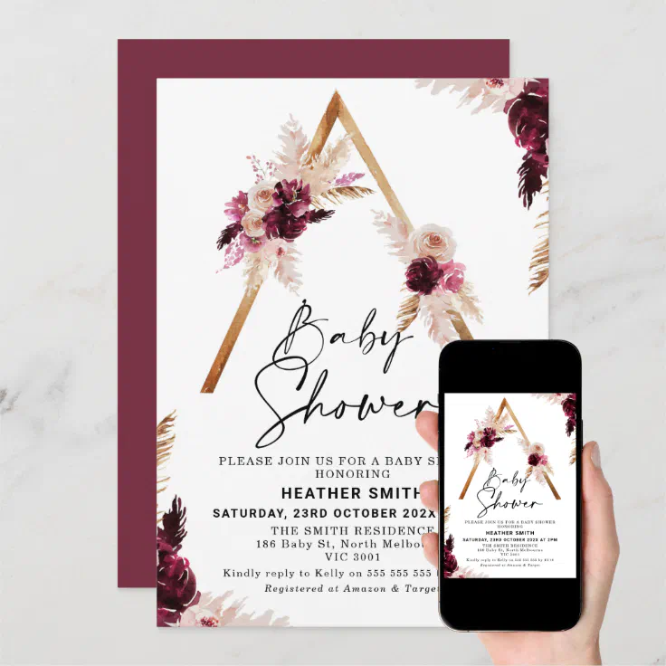 Maroon Boho Pampas Grass Baby Shower Invitation | Zazzle