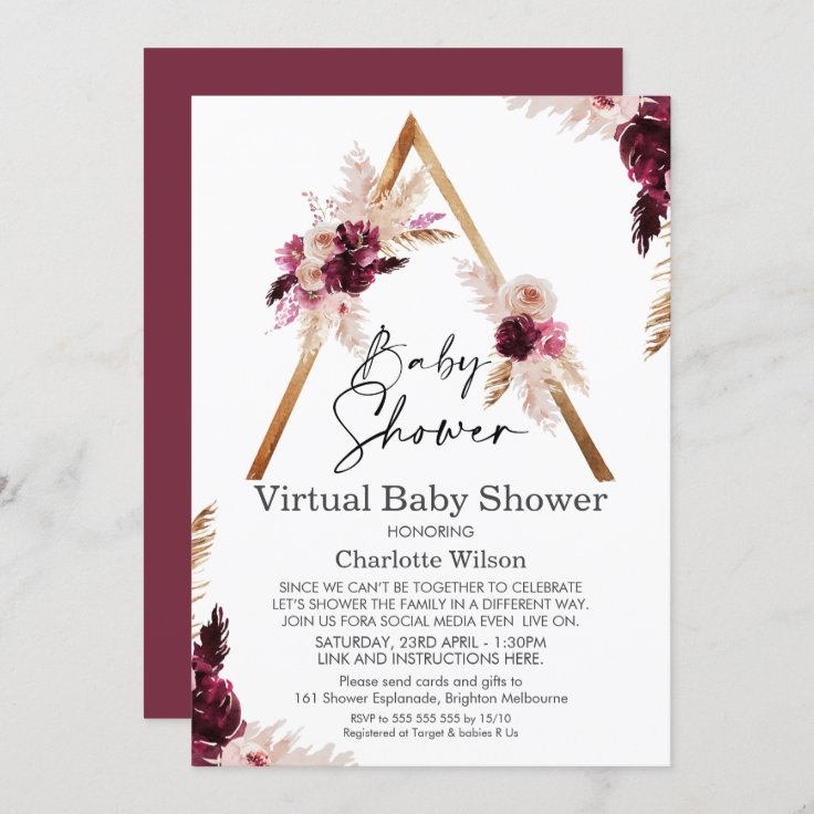 Maroon Boho Pampas Virtual Baby Shower Invitation | Zazzle