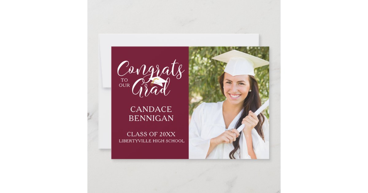 Maroon Burgundy CONGRATS GRAD Typography Photo Announcement | Zazzle