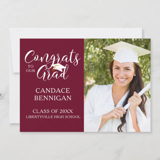 Maroon Burgundy CONGRATS GRAD Typography Photo Announcement | Zazzle