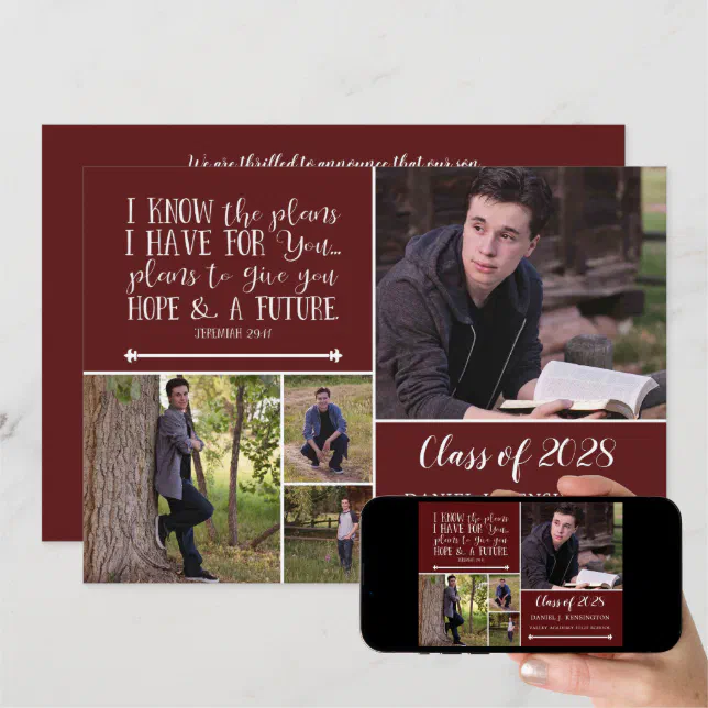 Maroon Christian Verse Graduation Photo Collage Invitation | Zazzle