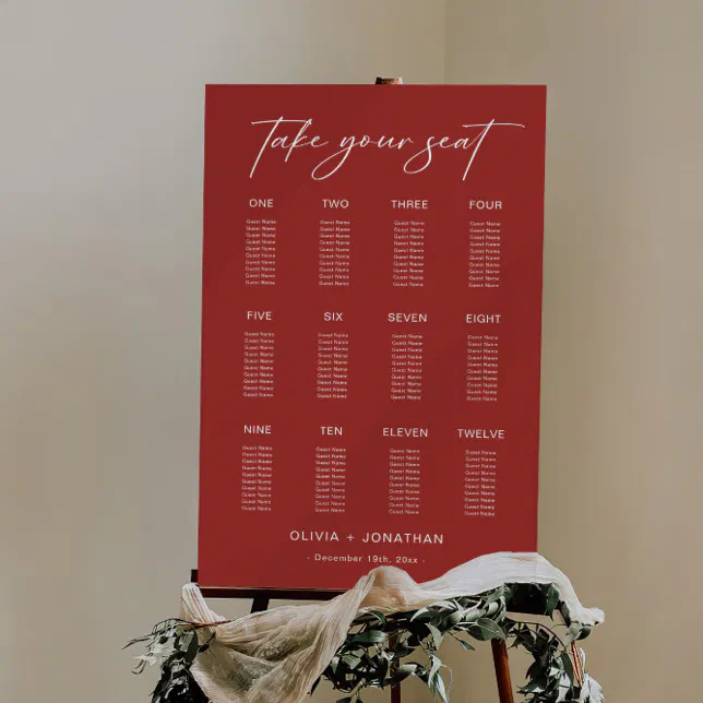 Maroon Christmas Wedding Seating Chart 12 Tables Foam Board | Zazzle