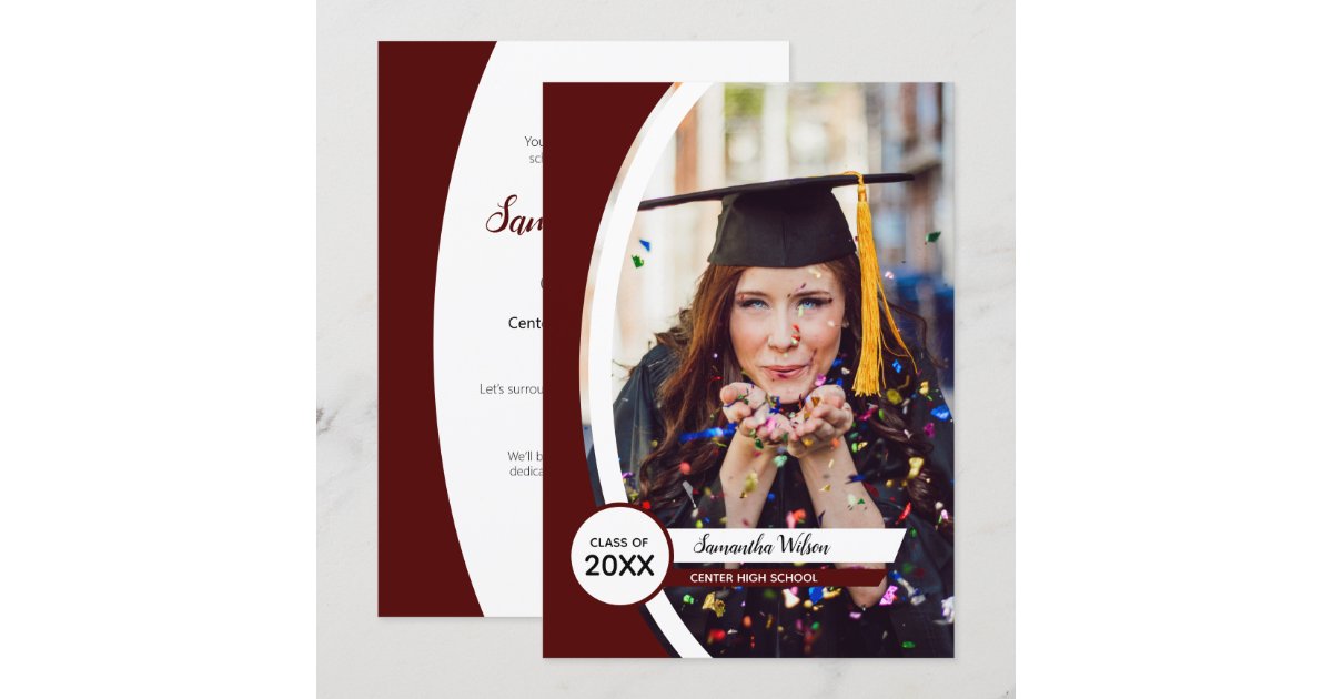 Maroon Curved Frame Photo Graduation Invitation | Zazzle