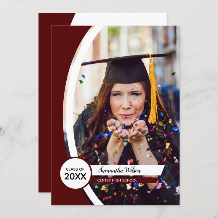 Maroon Curved Frame Photo Graduation Invitation | Zazzle