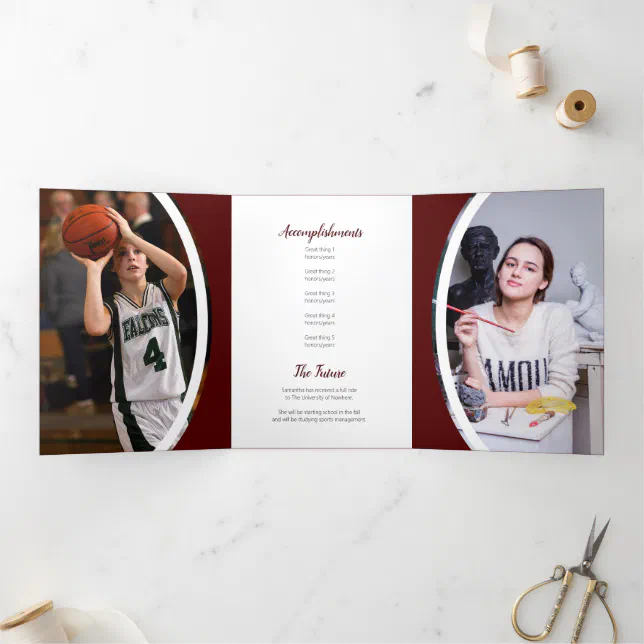 Maroon Curved Frame Three Photo Graduation Tri-Fold Invitation | Zazzle