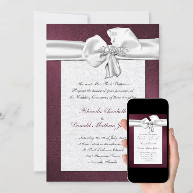 Maroon Damask Wedding Invitation | Zazzle