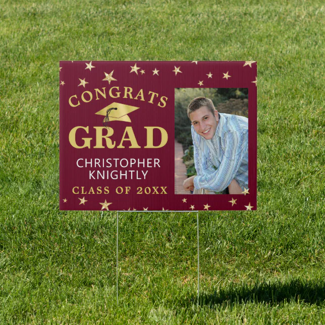 Maroon Gold Congrats Grad Photo Stars Graduation Sign | Zazzle